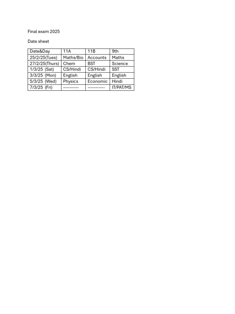 2025 Final Exam Timetable Pdf