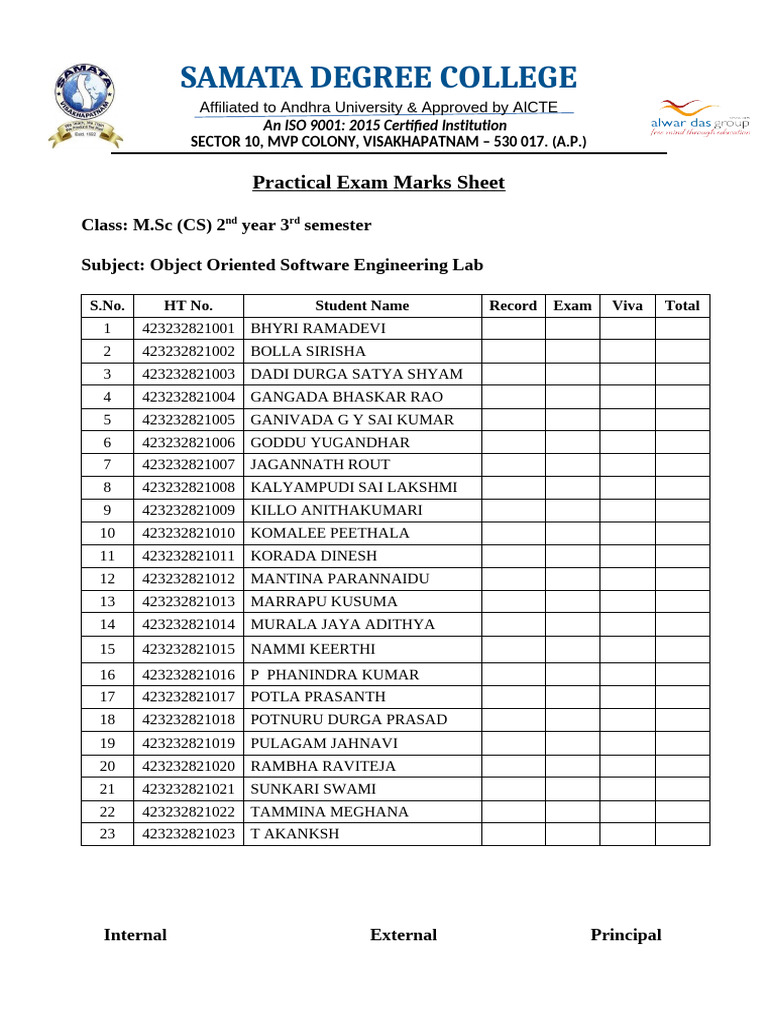 M.sc (CS) Practical Viva Exam Marks Sheet | PDF