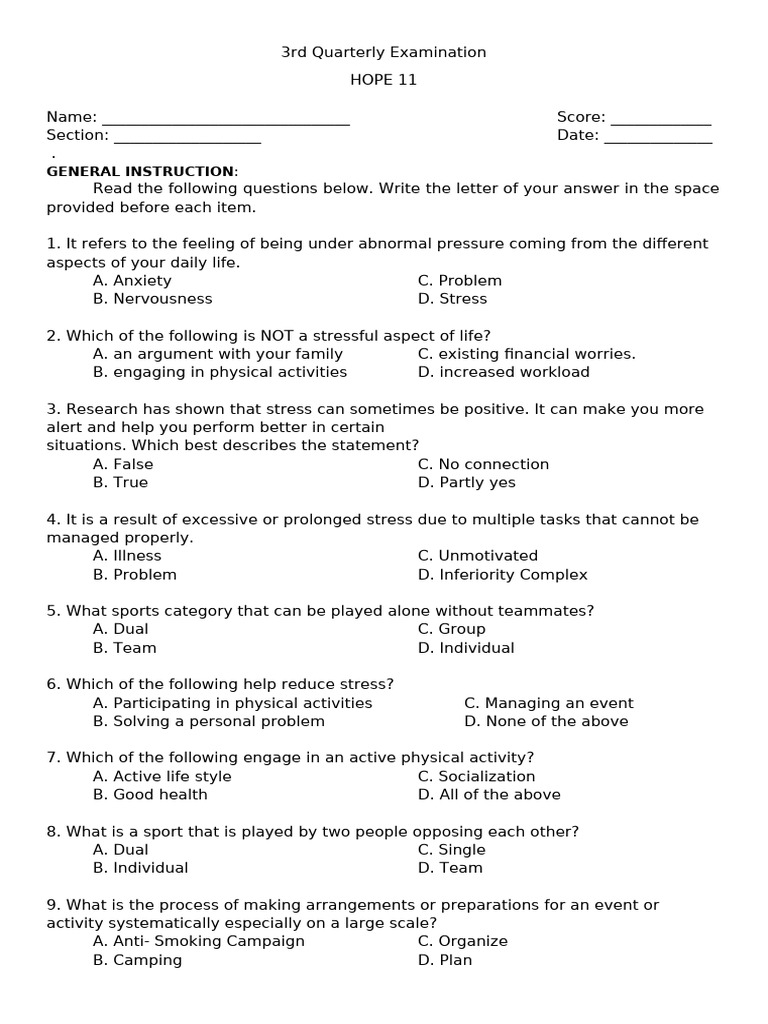 HOPE 11 Quarterly Exam on Stress and Fitness | PDF | Track And Field ...