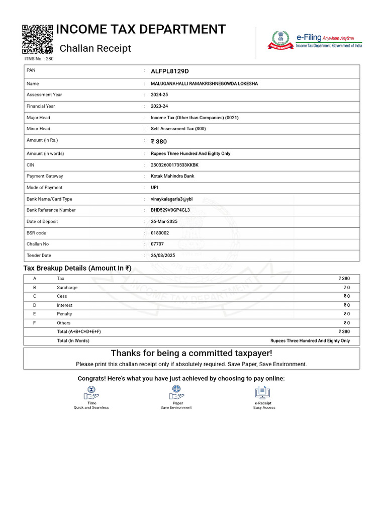 Income Tax Self-Assessment Challan Receipt | PDF | Taxes | Money