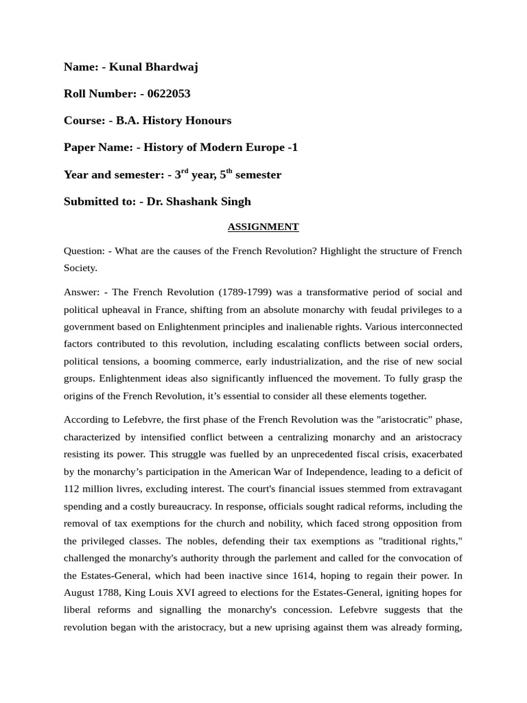 europe assignment kunal 5th sem | PDF | Age Of Enlightenment | French Revolution