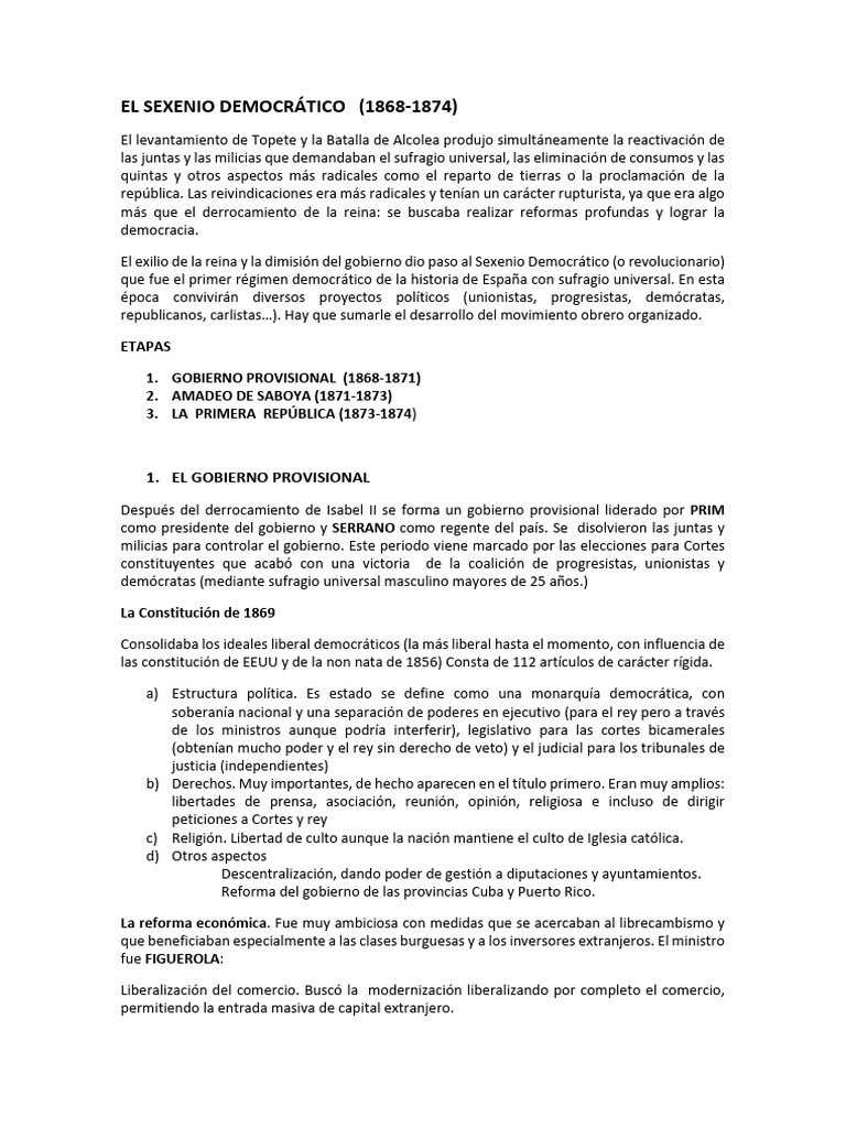 El Sexenio Democrático (1868-1874) | PDF | Ciencias Políticas | Gobierno de españa