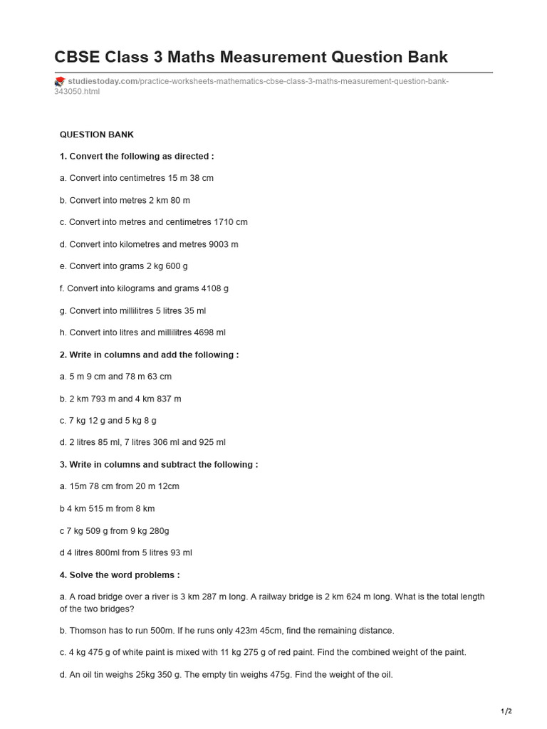 Class 3 Measurement Question Bank | PDF | Litre | Kilogram