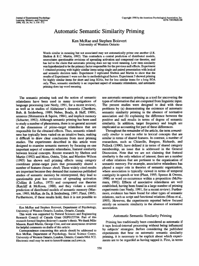 McRae&Boisvert_1998_automatic_semantic_similarity_priming | PDF | Priming (Psychology) | Semantics
