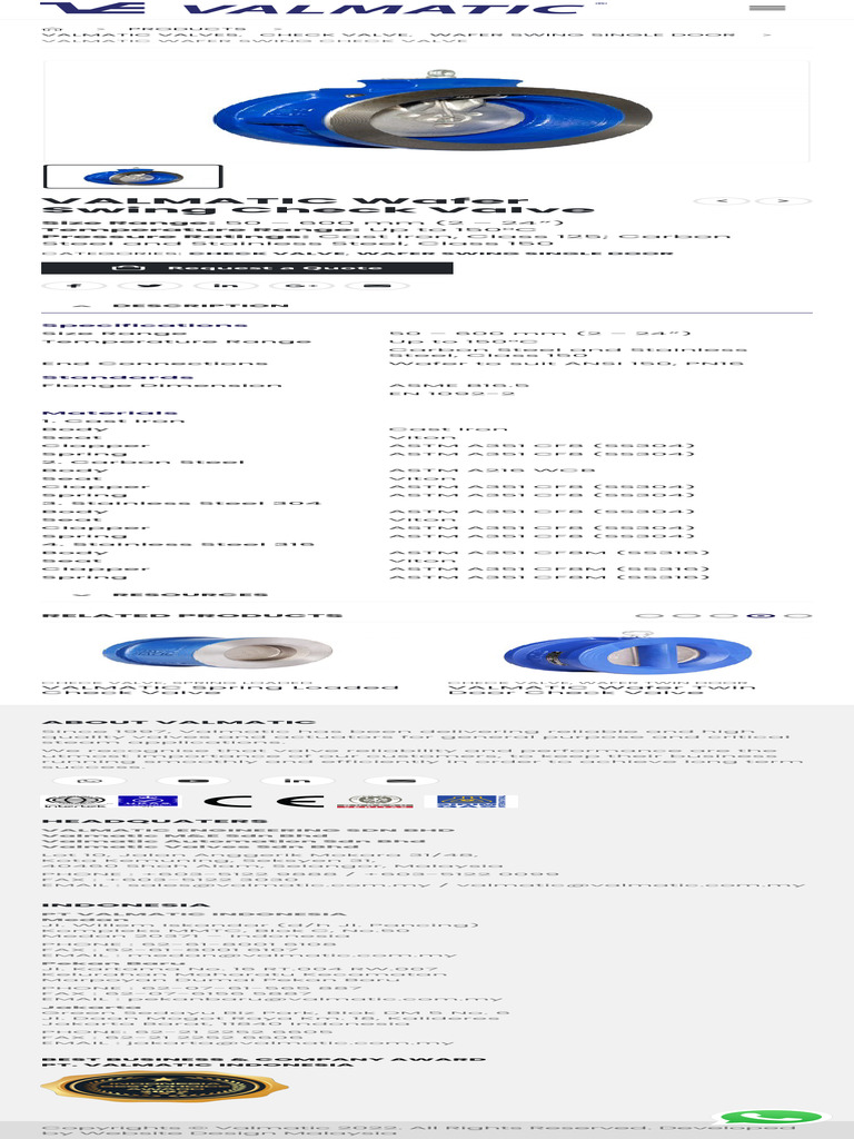 Valmatic Wafer Swing Check Valve Specs | PDF | Mechanical Engineering ...