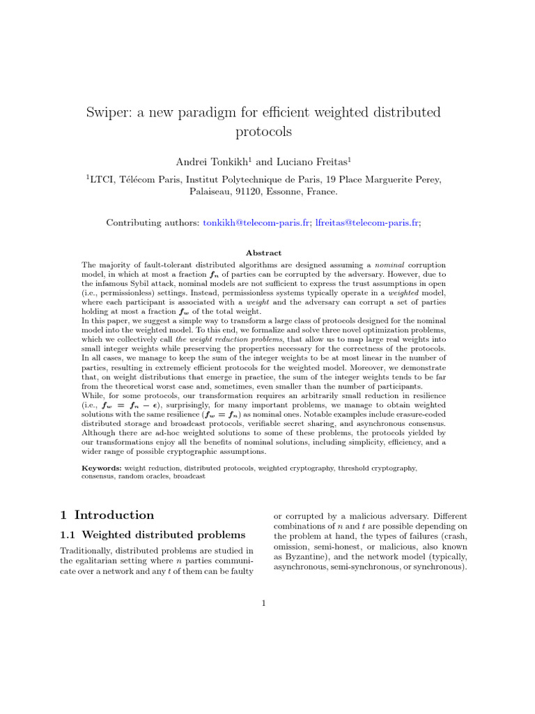Swiper: A New Paradigm For Efficient Weighted Distributed Protocols | PDF | Secure Communication ...
