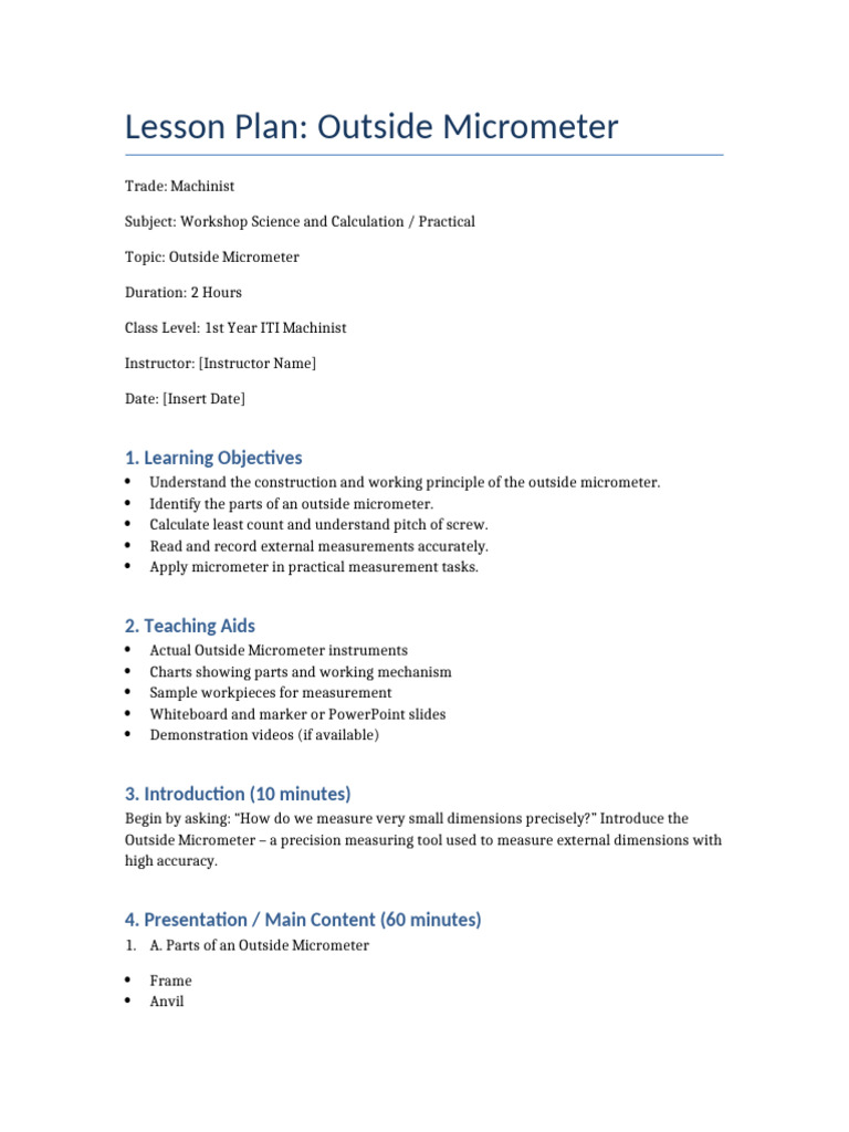 Lesson Plan Outside Micrometer | PDF