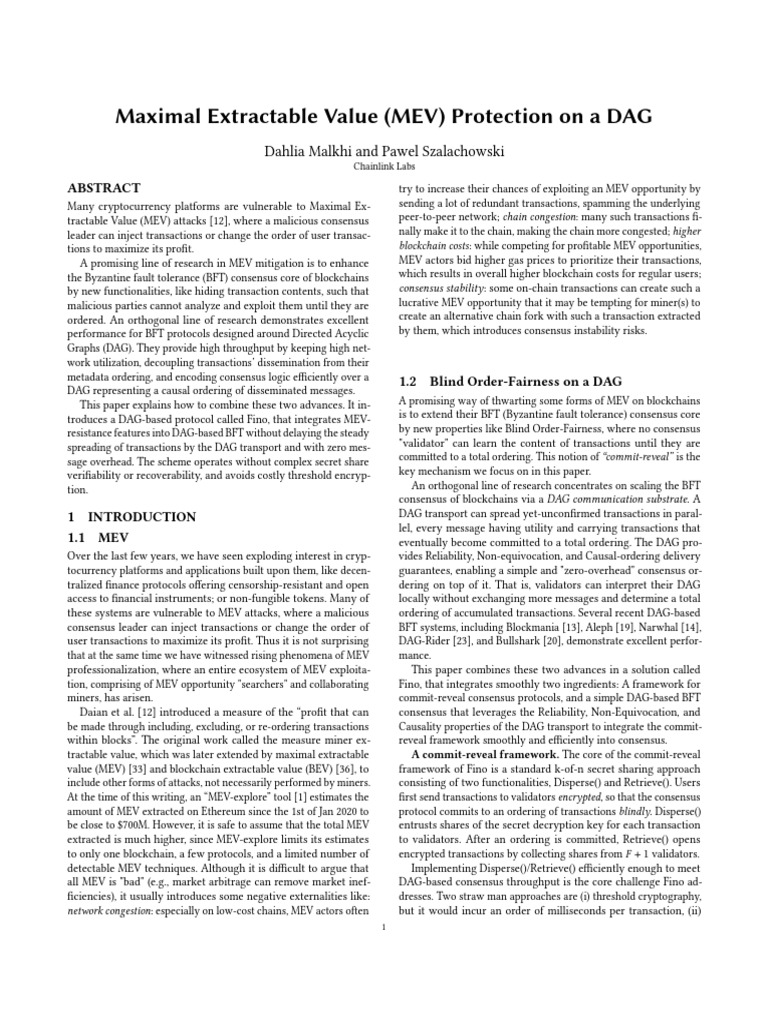 2022 VSS MAV Maximal Extractable Value (MEV) Protection On A DAG | PDF | Encryption | Key ...