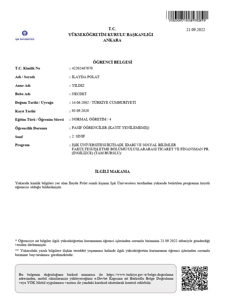 İlayda Öğrenci Belgesi | PDF