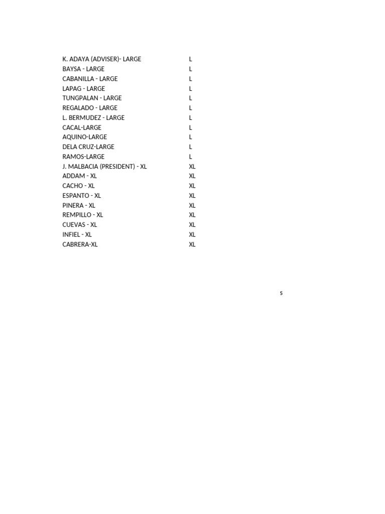 Large and XL Size Names List | PDF