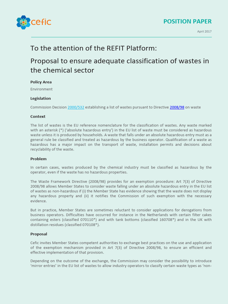 Cefic Refit Proposal - List of Waste | PDF | Waste | European Union