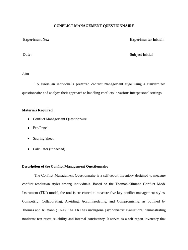 Conflict Management Questionnaire | PDF | Conflict (Process) | Conflict ...