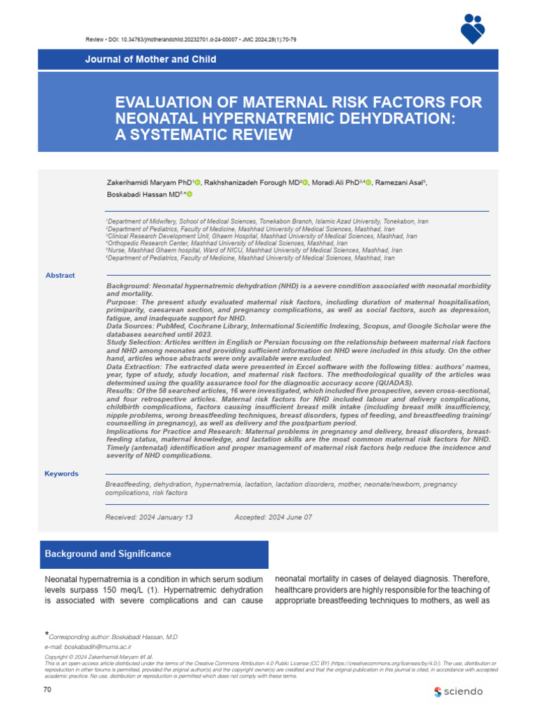 Evaluation of Maternal Risk Factors For Neonatal Hypernatremic ...