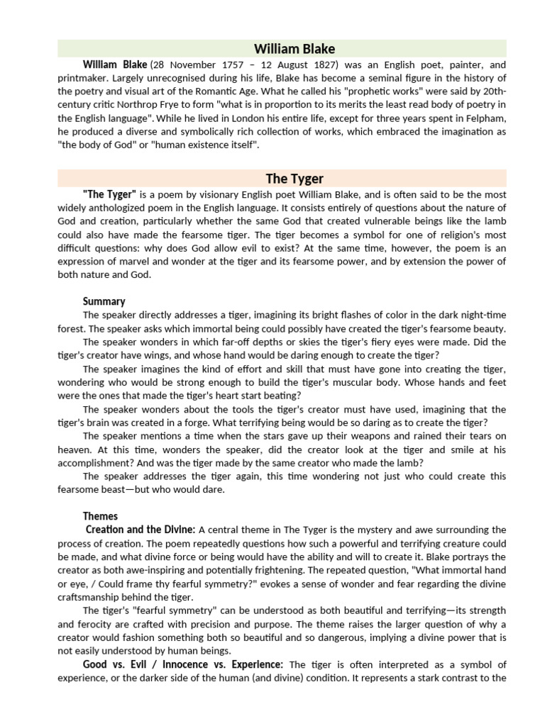 The Duality of Creation in Blake's Poetry | PDF | Samuel Taylor ...