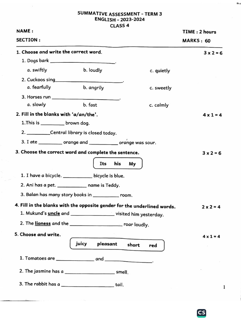 4th-English-Term-3-Exam-2024-Question-Paper-PDF-Download | PDF