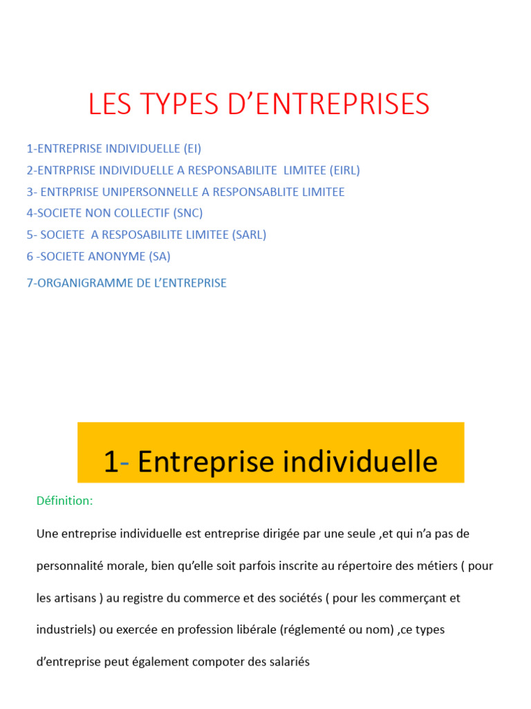 Types d'Entreprises et Définitions | PDF | Entreprise individuelle ...