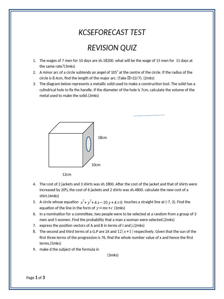 KCSE Forecast Revision Quiz | PDF | Circle | Area