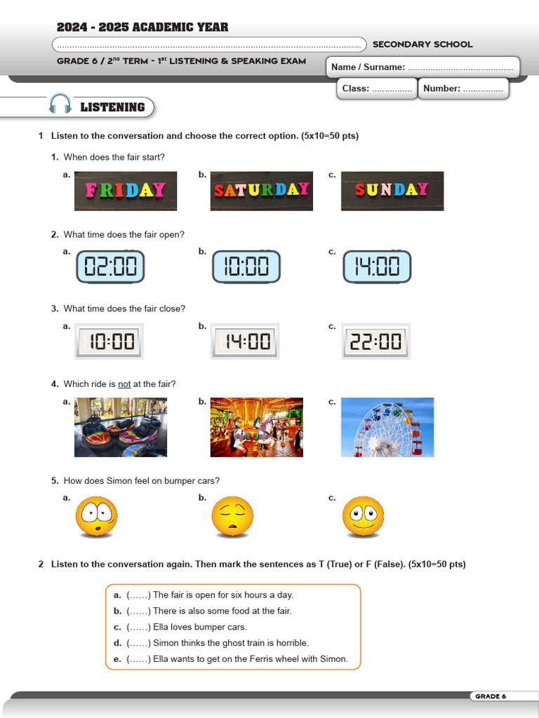 Grade 6 Listening & Speaking Exam | PDF
