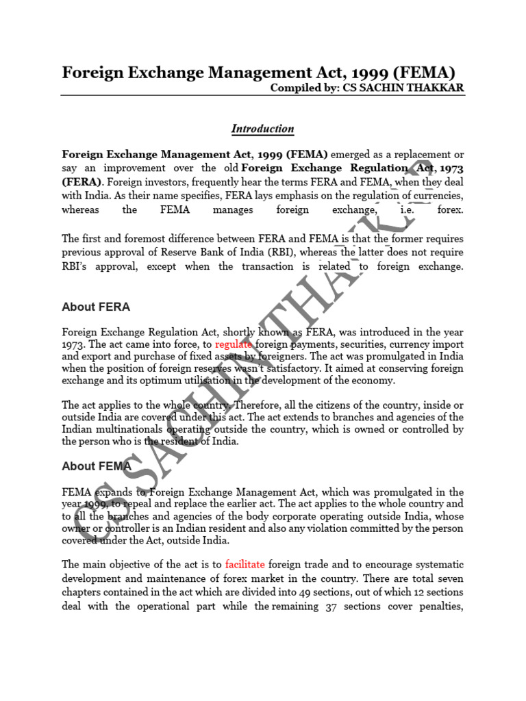 FEMA Notes - CS EXECUTIVE | PDF | Capital Account | Reserve Bank Of India