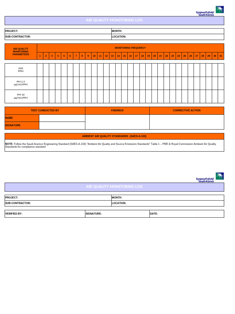 Air Quality Monitoring Log Template | PDF