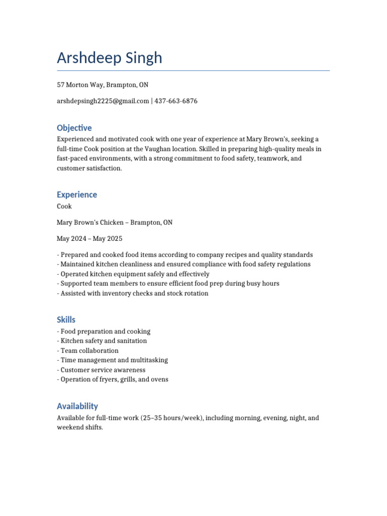 Arshdeep Singh Resume Vaughan | PDF