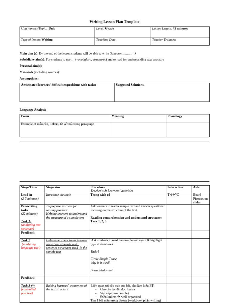 Writing Lesson Plan Template | PDF | Lesson Plan | Cognition