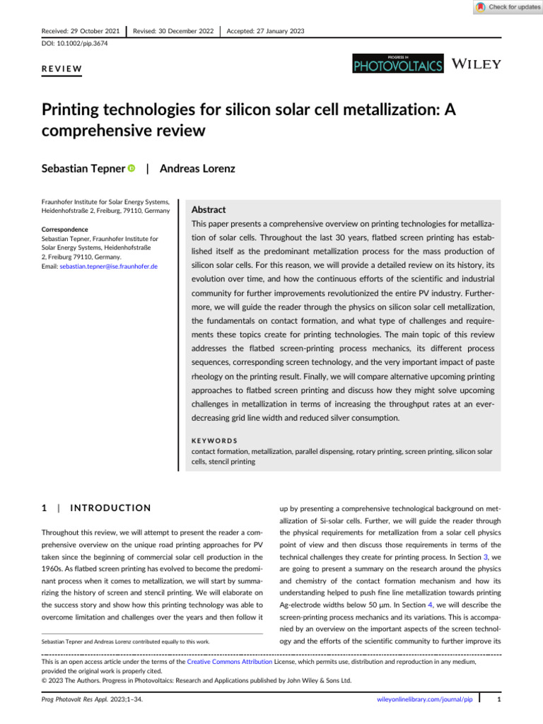 Printing Technologies For Silicon Solar Cell Metallization A ...
