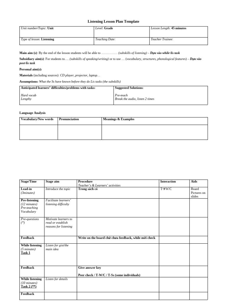Listening Lesson Plan Template | PDF | Vocabulary | Lesson Plan