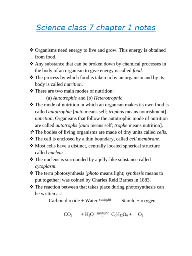 Science Chapter 1 Notes | PDF | Nutrition | Diet & Nutrition
