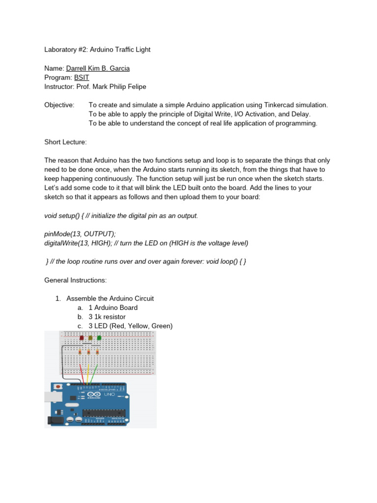 Laboratory #2 - Arduino Traffic Light | PDF | Arduino | Light Emitting Diode