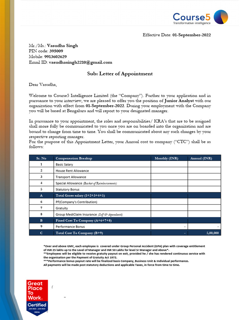 Course5 Junior Analyst Appointment Letter | PDF | Employment | Payroll