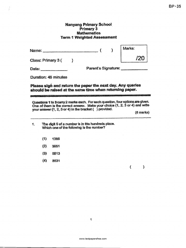 P3_Maths_2021_CA1_Nanyang | PDF