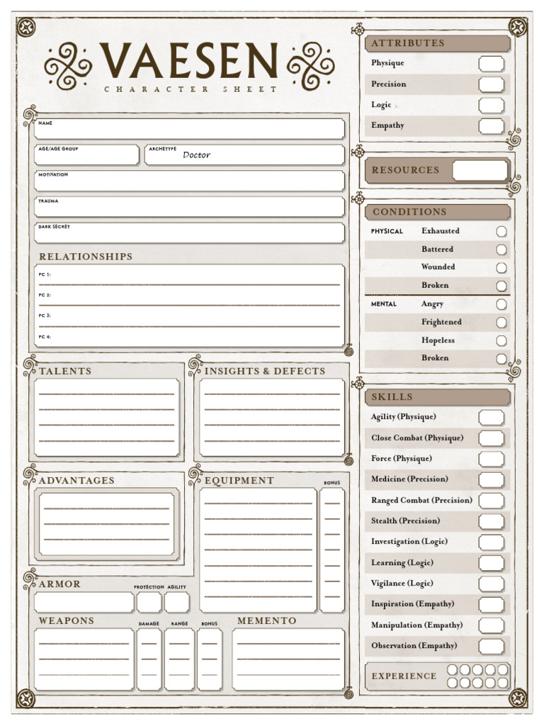 Vaesen Character Sheet Fillable - Doctor | PDF