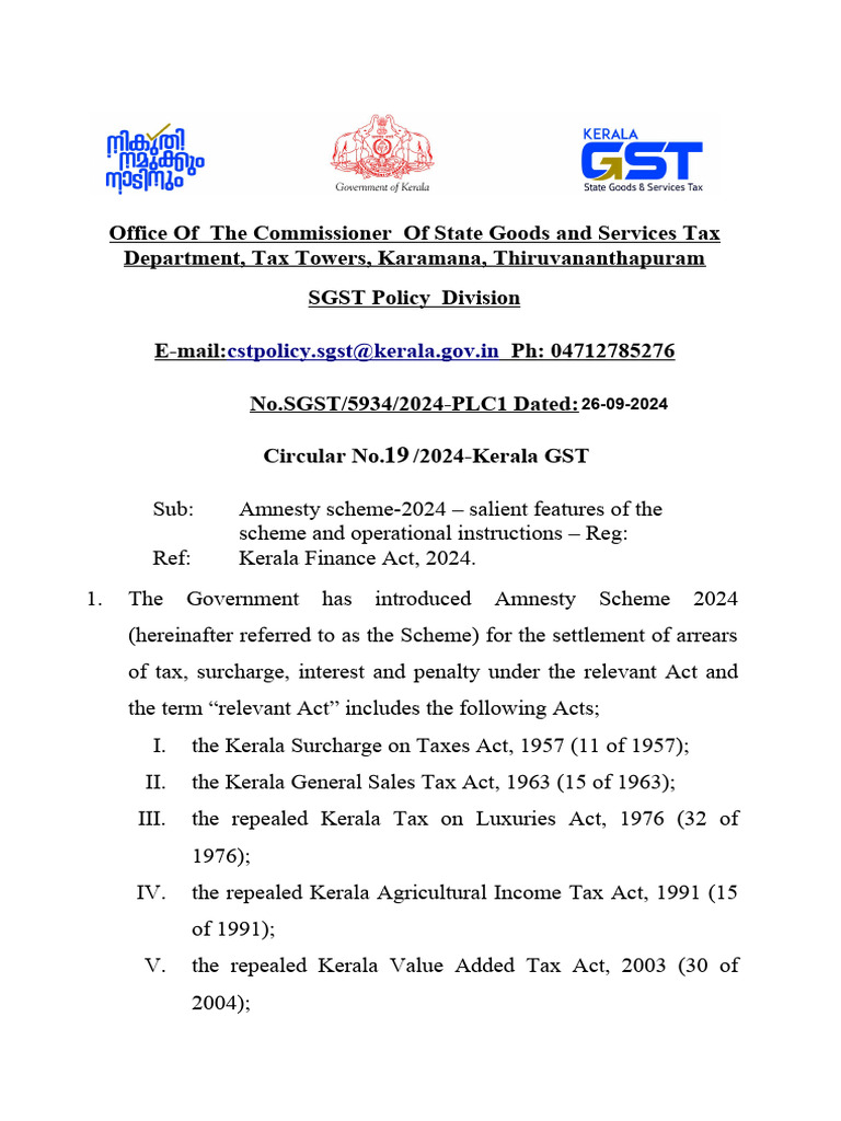 Circular No. 19 2024 Kerala GST Amnesty Scheme 2024 | PDF | Taxes | Receipt