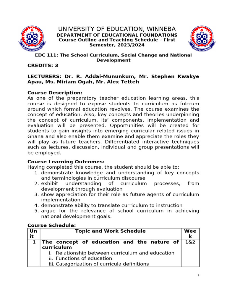 EDC 111 Course Outline - 2024 | PDF | Curriculum | Evaluation