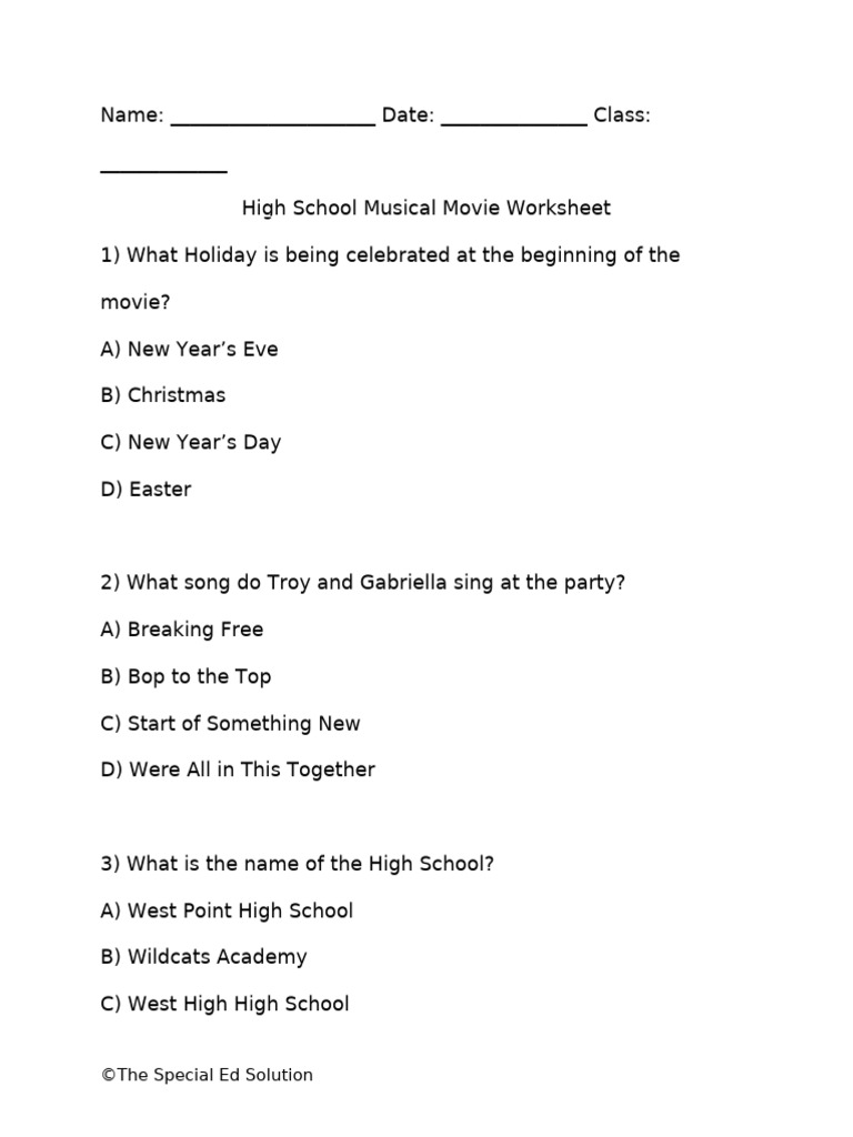 High School Musical Worksheet Quiz | PDF