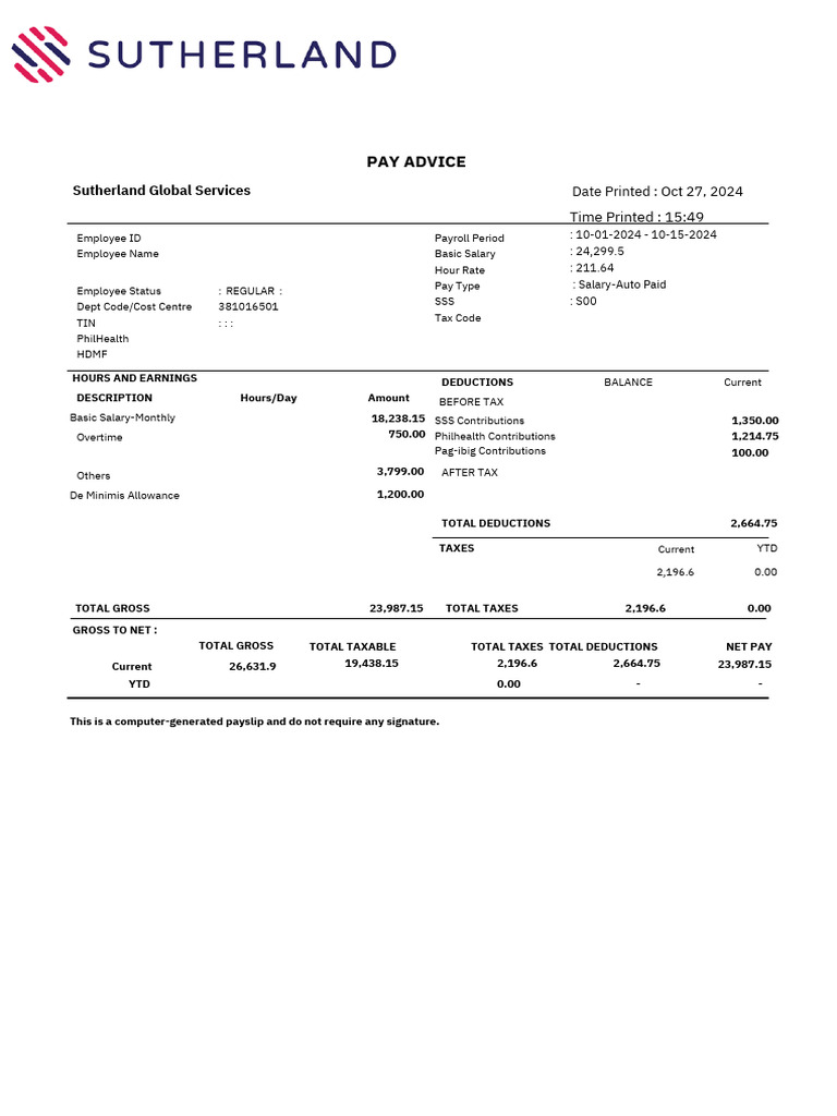 Sutherland Global Employee Payslip | PDF | Payroll Tax | Public Finance