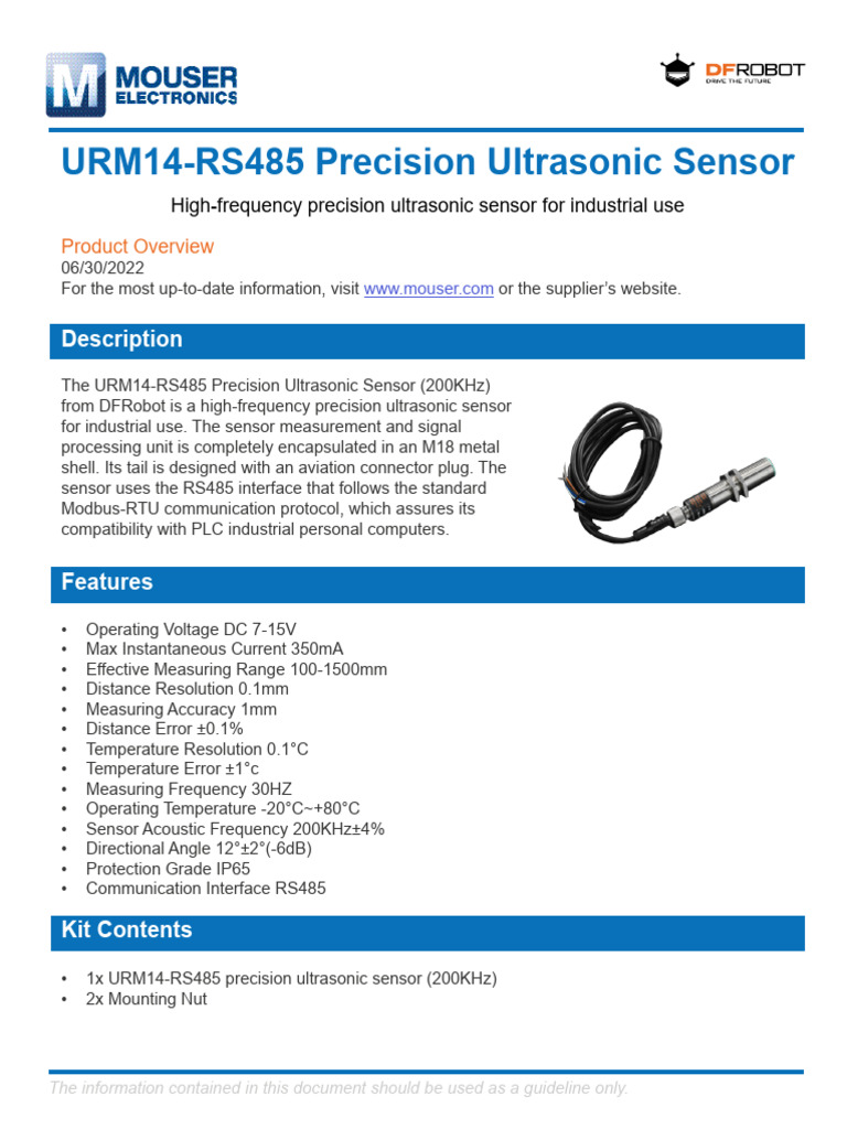 DFRobot ProductOverview URM14 RS485 Precision Ultrasonic Sensor | PDF