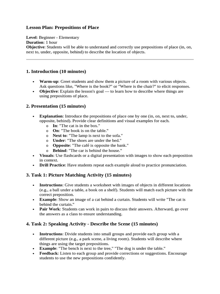 Lesson Plan Preposition of Place | PDF | Cognitive Psychology | Human ...