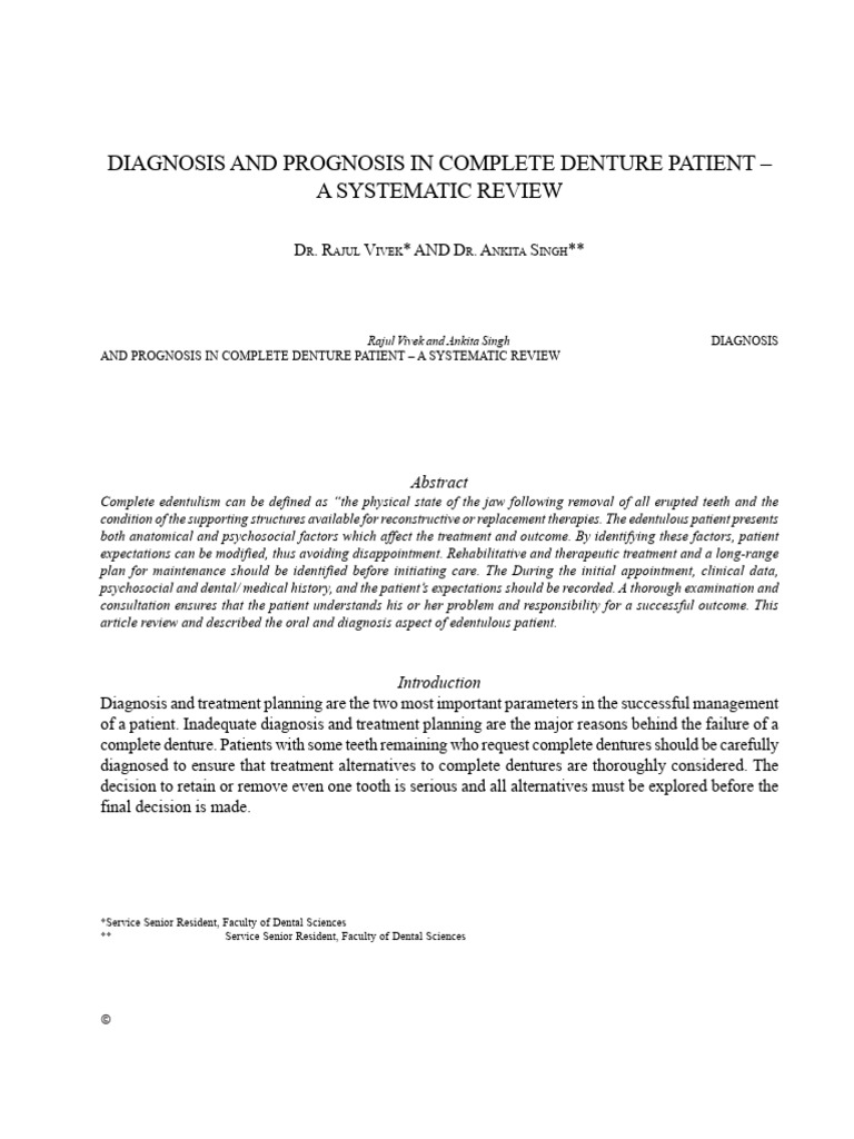 Diagnosis and Prognosis in Complete Denture Patient - A Systematic ...