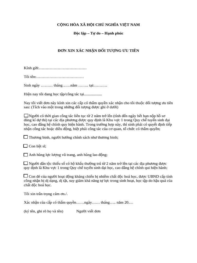 Mau Giay Xac Nhan Uu Tien Khu Vuc 1 2 Dung de Tuyen Sinh 1 | PDF