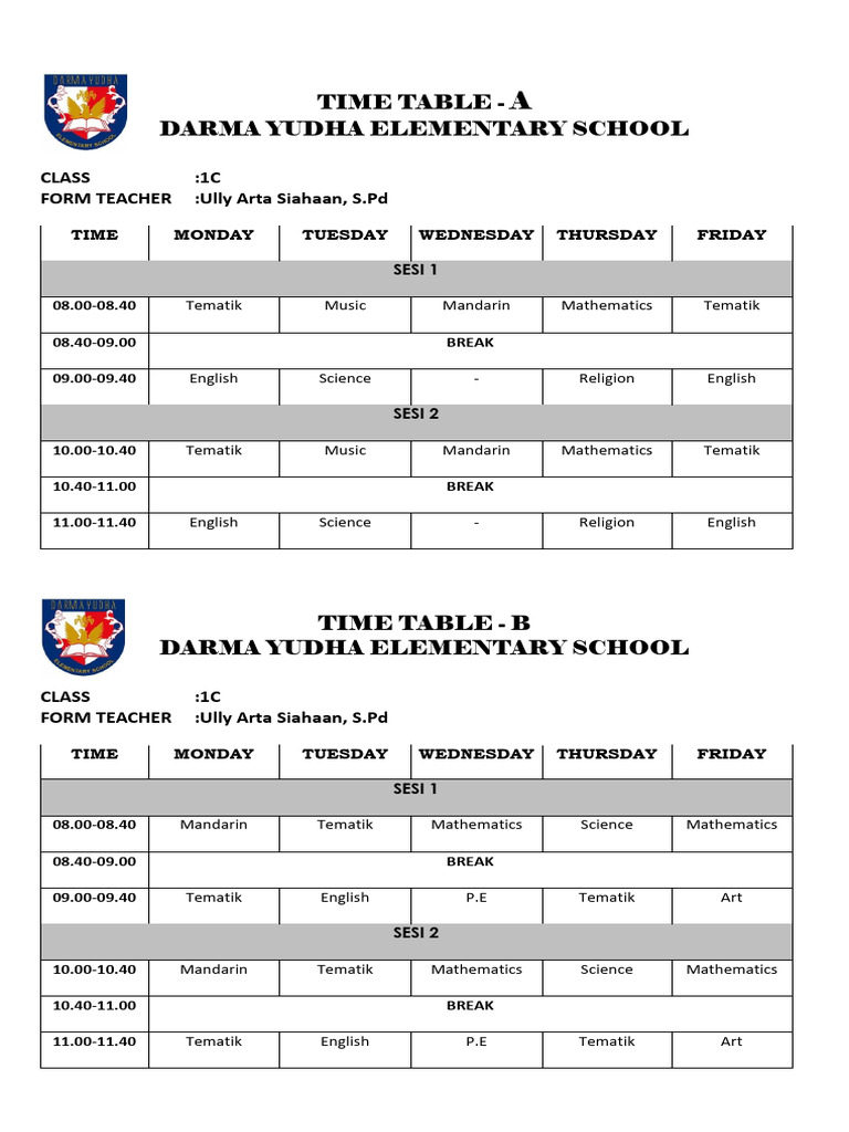 Darma Yudha School Class 1C Timetable | PDF