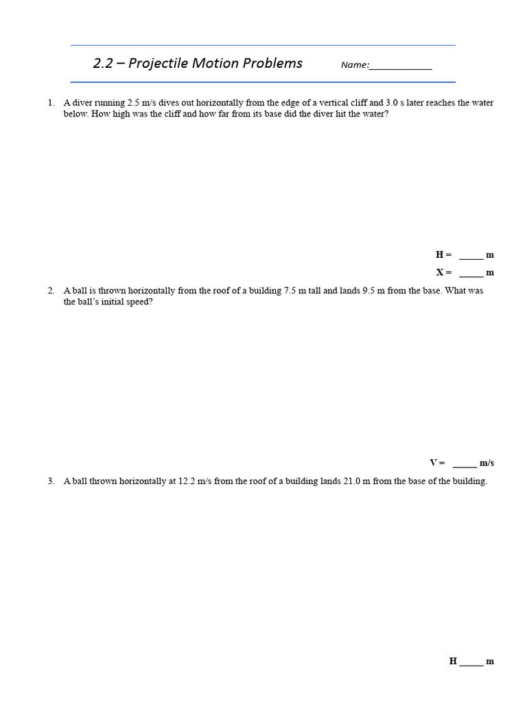 2.2 - Projectile Motion Worksheet | PDF | Mechanics