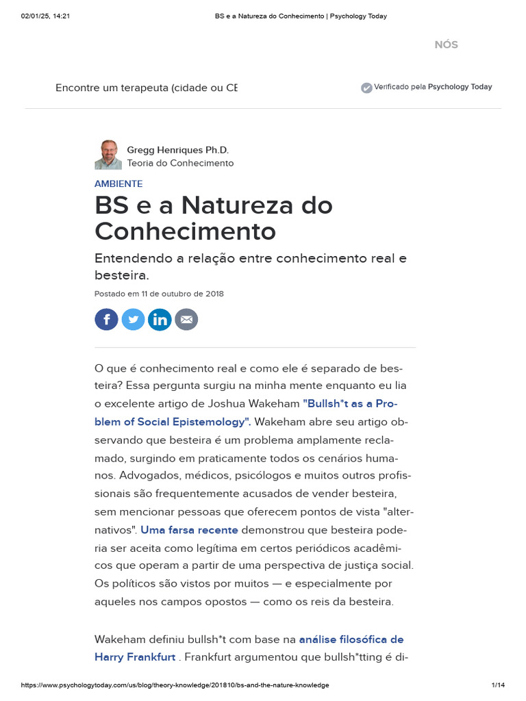 BS e Conhecimento: Entendendo a Verdade | PDF | Conhecimento | Realidade