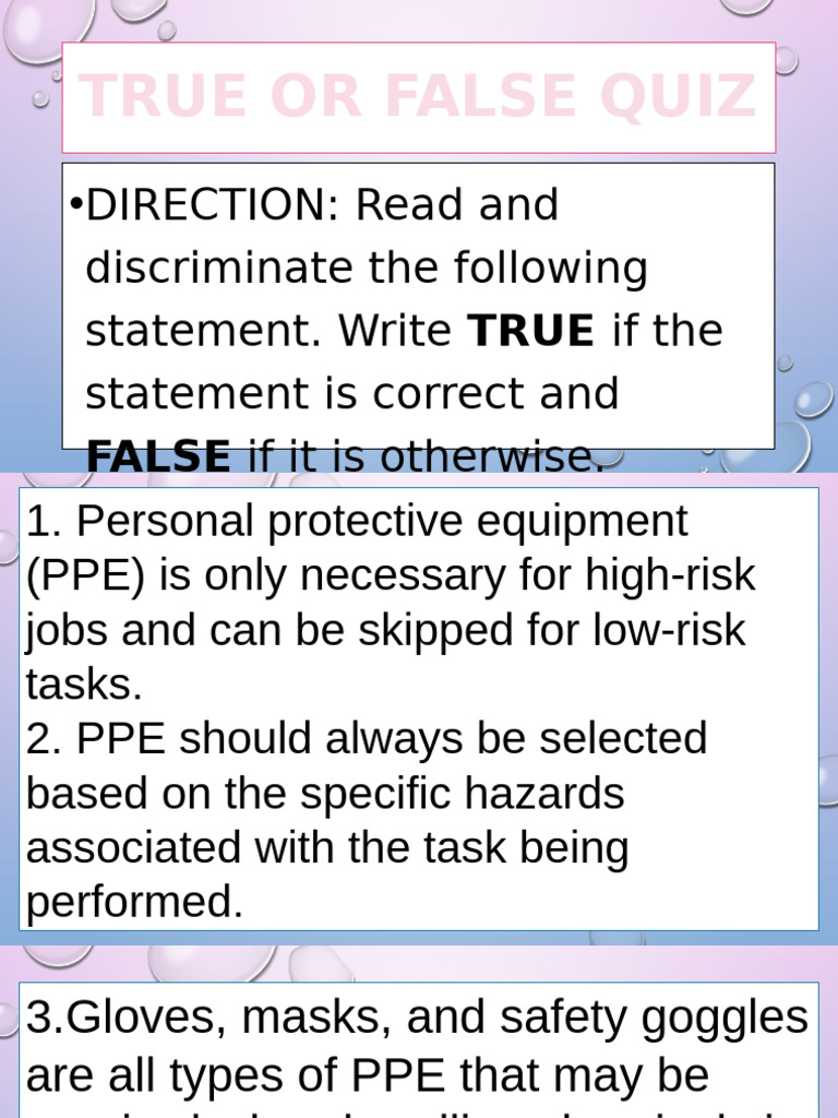 PPE True or False Quiz | PDF | Personal Protective Equipment | Working ...
