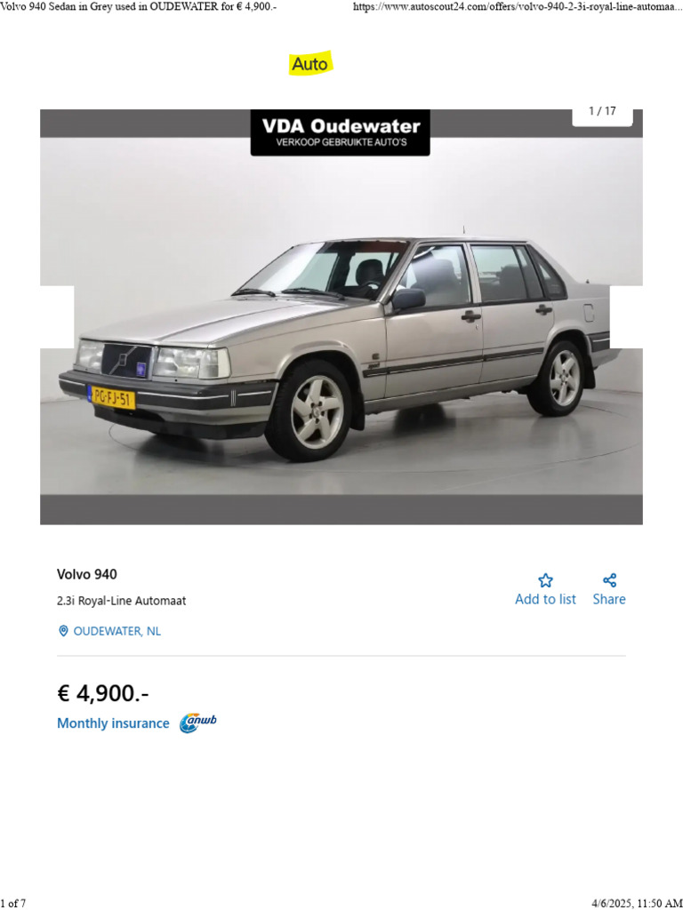 Volvo 940 Sedan in Grey Used in OUDEWATER For | PDF | Fuel Economy In ...