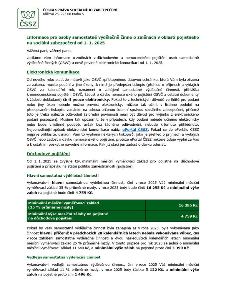 Priloha 1455561496 0 Zmeny V Oblasti Pojistneho Na Socialni Zabezpeceni OSVC Od 1. 1. 2025 | PDF