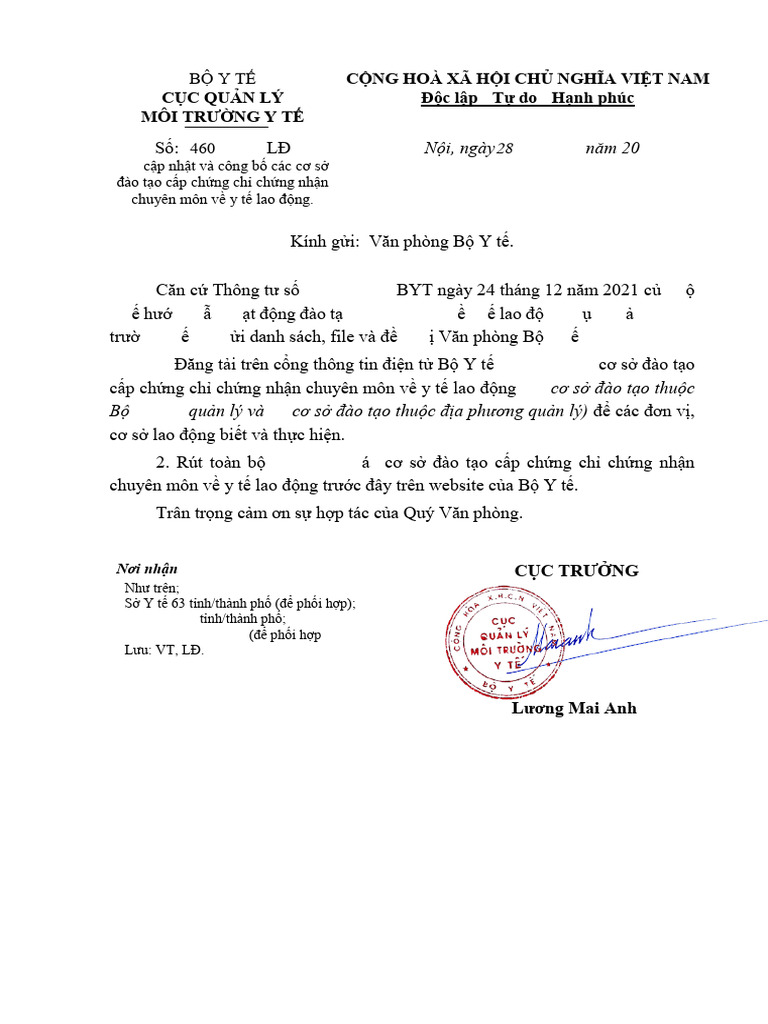 CV Cap Nhat Danh Sach Don VI Dao Tao Cap Chung Chi Chung Nhan YTLD - Signed | PDF