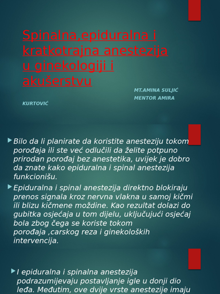 Spinalna, Epiduralna I Kratkotrajna Anestezija U Ginekologiji | PDF