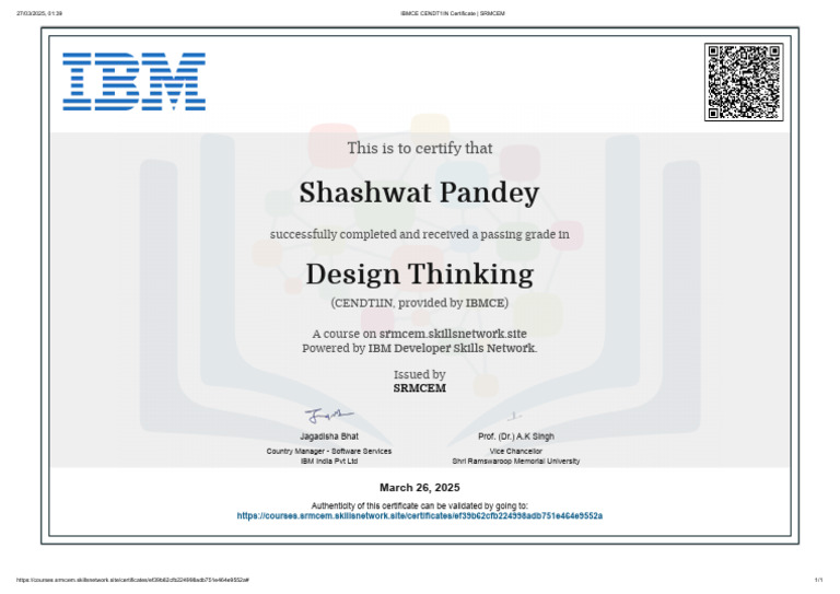 IBMCE CENDT1IN Certificate - SRMCEM | PDF